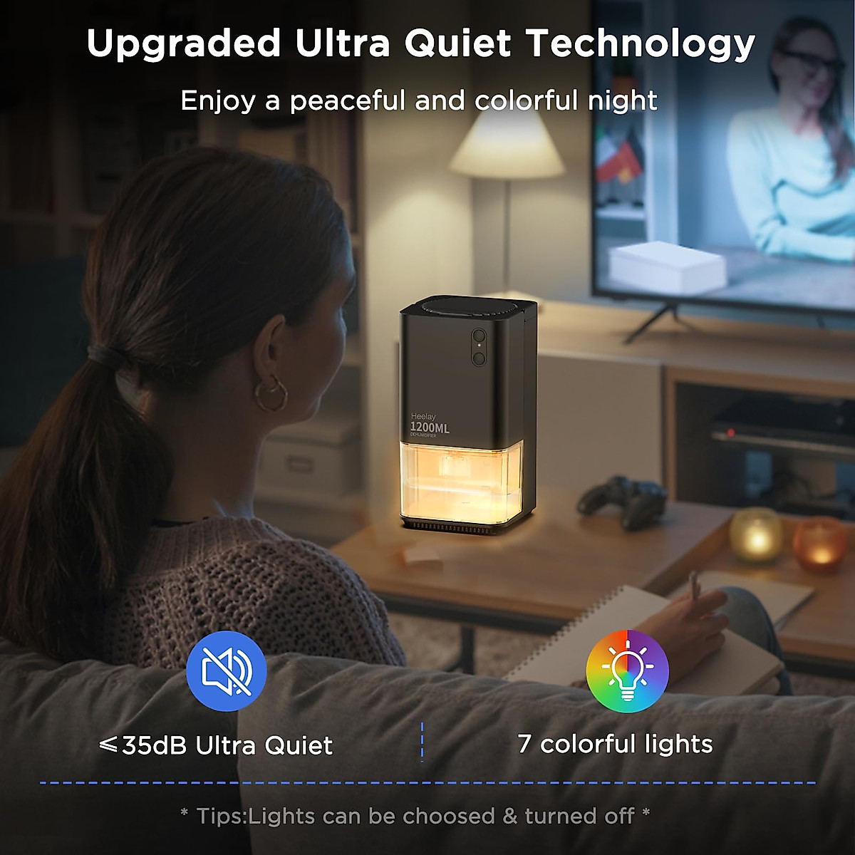 Dehumidifier for Bedroom, Heelay 40 OZ Water Tank with Handle/Auto Shut Off/7 Colors LED 2024 Newly Portable Small Dehumidifiers for Bathroom Room Quiet Closets RV (320 sq. ft) Camper Black