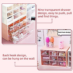 Craft Organizer, 9 Removable Mini Acrylic Plastic Drawers Organizer for Desk, Cute Kawaii Storage Organizer Office Supplier for Jewelry, Sewing Supplies, Vitamins, Sticker and Dool (Pink)