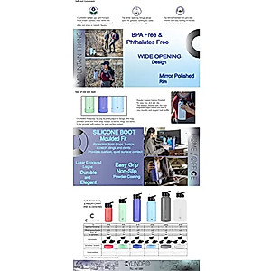 Cylindro Water Bottle, Triple-Layer Stainless Steel - 3 Lids, Vacuum Double Walled Copper Lined, BPA Free, w/ Silicone Boot, Hot & Cold - 22 Oz Veri Peri Purple