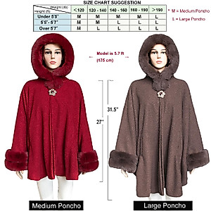 Dahlia Women's Winter Poncho Cape – Luxurious Faux Fur-Trimmed, Shed-Free, Silky Touch, Fleece-Lined Elegant Cloak, Black Large