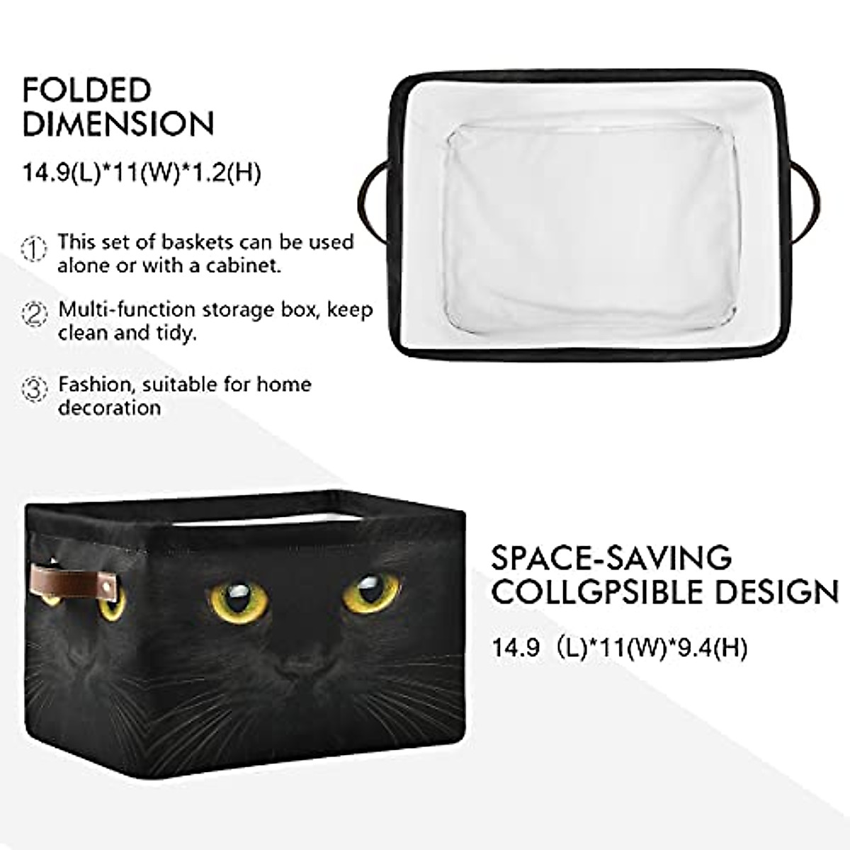 TropicalLife Rectangular Storage Bin Cube Funny Animal Black Cat Foldable Organizer Basket with Handles, Collapsible Storage Box for Kids Toy Shelf Closet Nursery