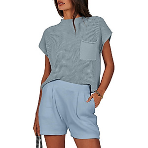 ANRABESS Women's Two Piece Summer Outfits Knit Sweater Short Sets Pullover Tops & Shorts Lounge Matching Clothes Set Sky Small