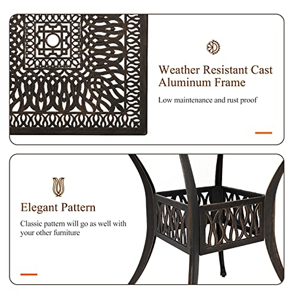 VINGLI Patio Dining Table, Patio Table with Umbrella Hole Outdoor Dining Table, Cast Aluminum Outdoor Bistro Table Outdoor Furniture Garden Table (35.4”Lx35.4”Wx29.5”H)