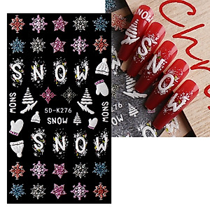 JMEOWIO 3D Embossed Christmas Nail Art Stickers Decals Self-Adhesive Pegatinas Uñas 5D Xmas White Snowflake Winter Holiday Nail Supplies Nail Art Design Decoration Accessories 4 Sheets
