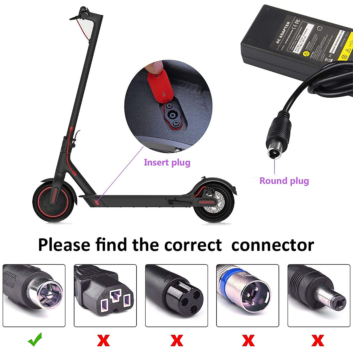 42V 2A Ninebot Electric Scooter Charger (Round RCA Connector Charger) for Bird Scooter, Lime, Lime-S, Spin, Skip, Xiaomi M365, Segway ES1 ES2 ES4 Electric Scooter for 36V Li-ion Battery