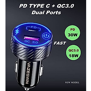 USB C Car Charger, VAZESWIN QC3.0 & PD Type C Dual USB Port Fast Car Charger Adapter, 30W 5A Fast Charge Car Phone Charger with Blue LED & Touch Switch
