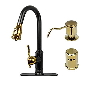 Two Tone Kitchen Faucet with Soap Dispenser and Air Gap, Single Handle Solid Brass High Arc Pull Down Sprayer Head Kitchen Sink Faucets with Deck Plate AK96415