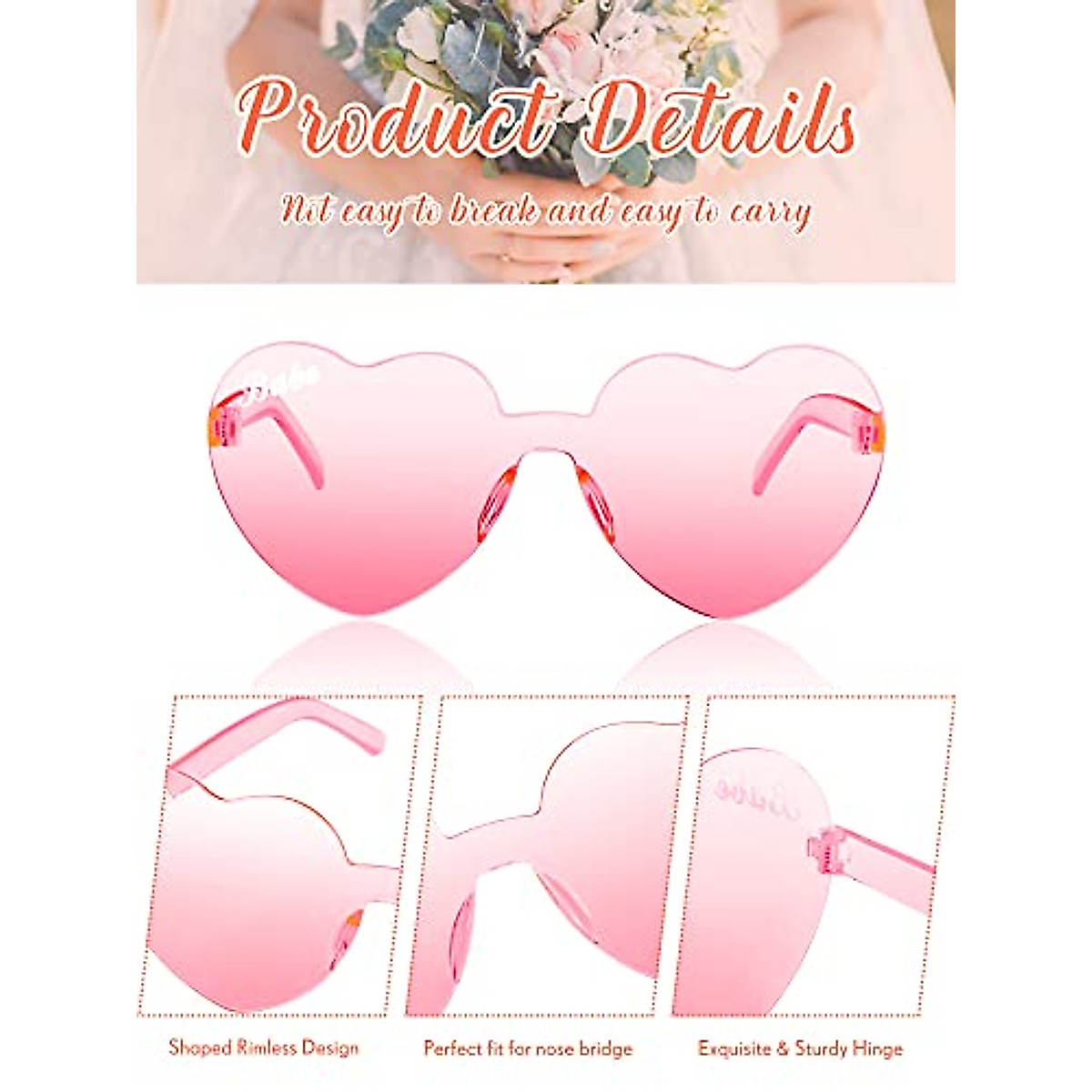 Dunzy 24 Pieces Bride Babe Heart Sunglasses Rimless Heart Shape Sunglasses Bachelorette Sunglasses for Wedding Party