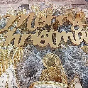 Silver Gold Ivory Christmas Wreath - Traditional Mesh Holiday Door Decor - Gold Ivory Cream TB7