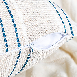 AELS 18x18 Decorative Farmhouse Linen Throw Pillow Covers, Boho Textured Pillow Case, Set of 2,Beige with White & Navy Blue Stitch Yarn Dyed Stripe Cushion Cover for Sofa Couch Living Room(Cover ONLY)