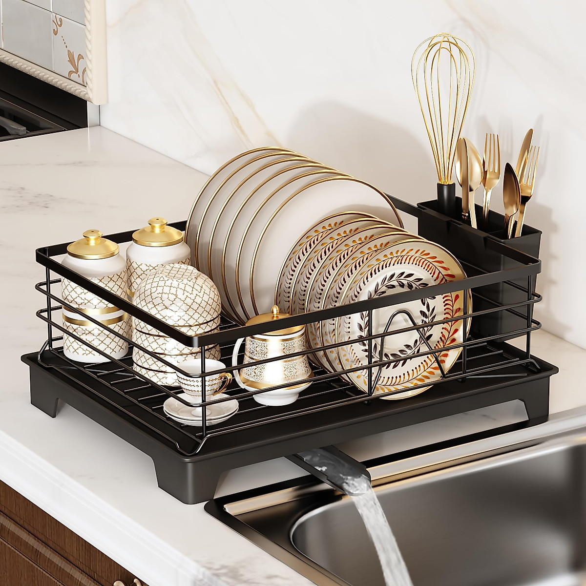 MAJALiS 304 Stainless Steel Dish Drying Rack for Kitchen Counter, 2 Tier Large Dish Draines, Dish Strainers with Drainboard Set, Dish Dryer Rack with Utensil Holder, Knife Holder (Black)