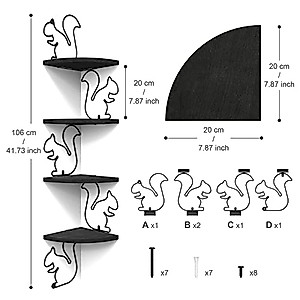 Alsonerbay Black Corner Shelf 4 Tier Shelves for Wall Storage, Easy-to-Assemble Floating Wall Mount Shelves for Bedrooms and Living Rooms (Squirrel Shaped)