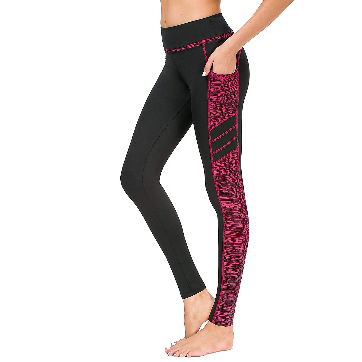 Flatik Women's Activewear Workout Yoga Pants Exercise Running Leggings with Side Pocket (Large, 0308Black/Black White)