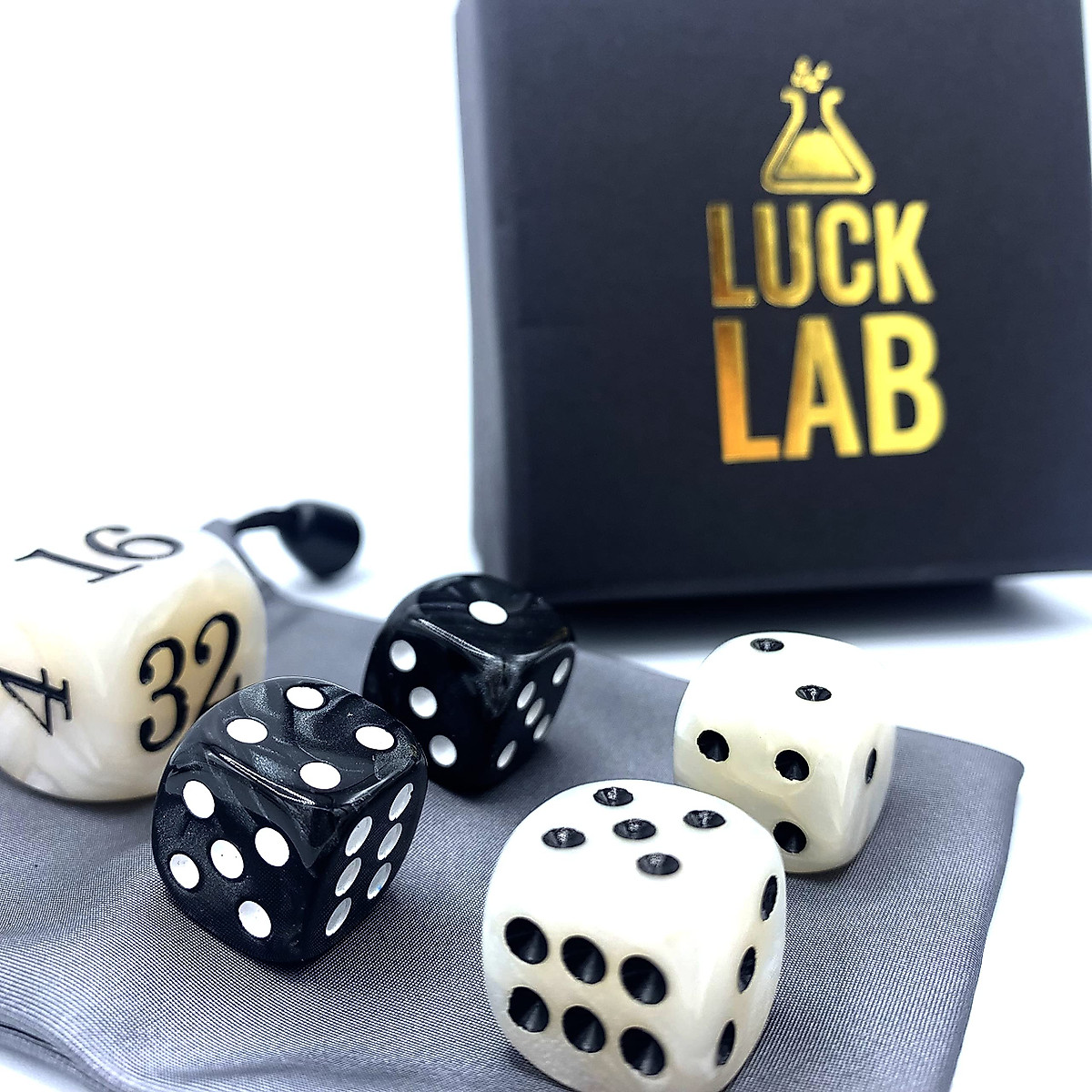 Luck Lab Backgammon Pearl Dice Set - 22 mm Doubling Cube and Four 16 mm Dice with Bonus Storage Bag, Black/White Marbleized