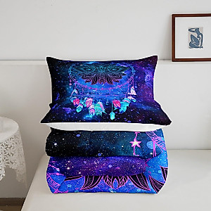 Castle Fairy Dream Catcher Comforter Set,Moon Star Galaxy Starry Sky Bedding Set Kids Teens Modern Decor,Bohemian Lotus Comforter with 1 Pillowcase for All Seasons,Twin
