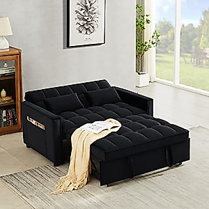 HABITRIO Loveseat with Pull-Out Sleeper Bed, Solid Wood Frame Black Velvet Upholstered 55" 2-Seater Sofa Couch w/3-Position Reclining Backrest, 2 Side Pockets, 2 Pillows, Furniture for Living Room