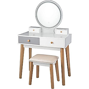 Vanity Set, Touch-Screen LED Round Mirror, Dressing Table with Cushioned Stool, 4 Storage Drawers &Spacious Desktop, 3 Adjustable Light Colors, Makeup Table and Stool Set for Women Girls, White + Gray