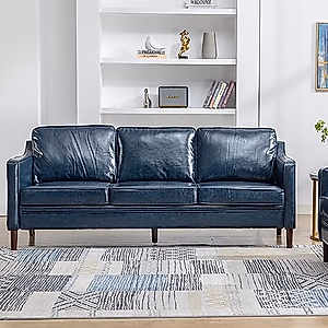 NATUREFOLLOW Sofas for Living Room, Mid Century Modern Couch with 3 Deep Seater, Size 79"x32"x33", Faux Leather, Comfy Couch for Living Room, Small Spaces, Apartment (Navy)