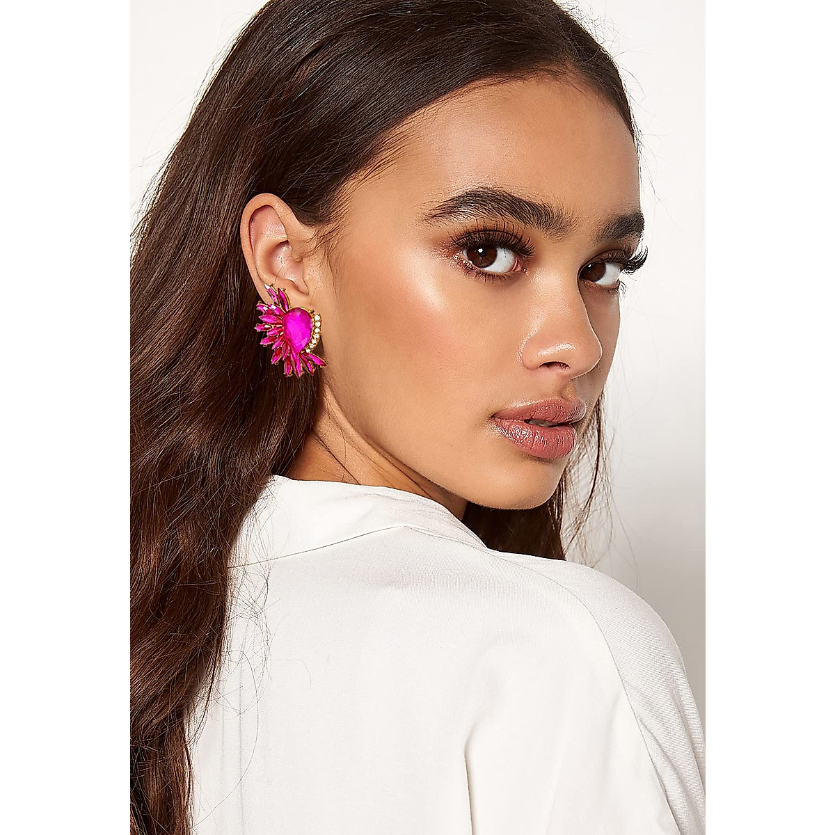Vintage Hot Pink Rhinestone Statement Earrings Retro Fancy Crystal Cluster Drop Dangle Earrings for Women Prom
