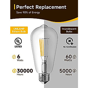 UNILAMP E26 LED Bulb 60 Watt Equivalent Dimmable, 6W Edison Light Bulb, 2700K Warm White, 600LM, ST64 E26 Edison Dimmable Bulb, Vintage LED Filament Bulbs, 2 Pack