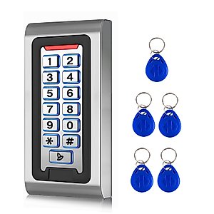Door Access Control System Stand-Alone Password Keypad + 5PCS Proximity Keychains, Support 2000 Users Card Reader, Weatherproof, Backlight, Zinc Alloy Metal Case, for Garage Door, Gate Opener