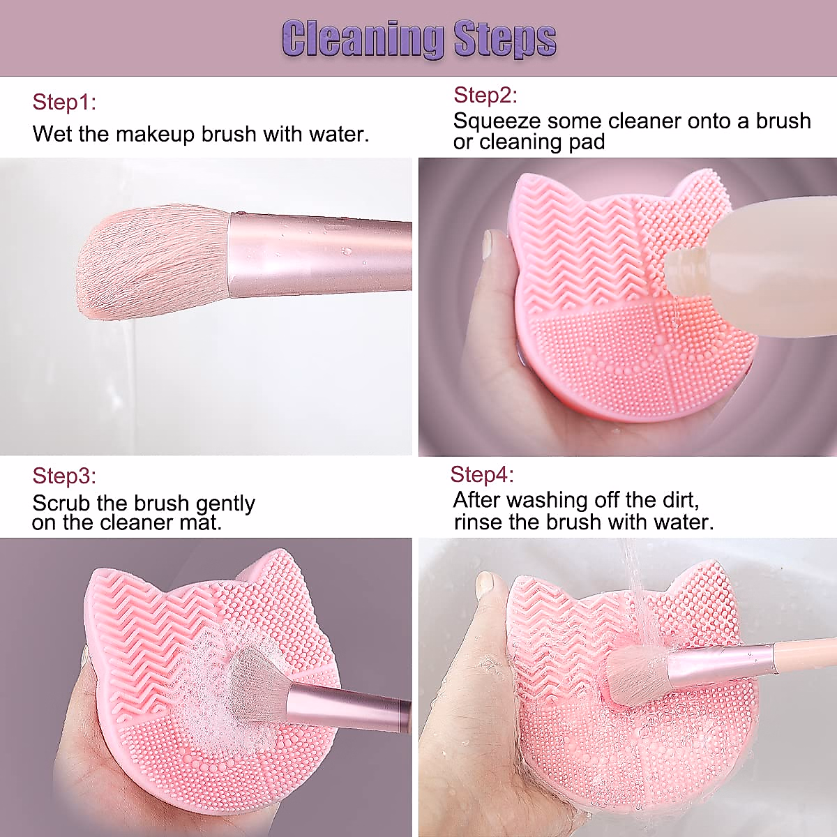 2 in 1 Design Makeup Brush Cleaning Mat with Brush Drying Holder, Silicon Cat Shaped Brush Cleaner Pad & Cosmetic Brush Organizer Rack, Portable Washing Tool for Makeup (Pink)