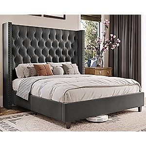 Jocisland King Bed Frame Wingback Headboard Upholstered Bed Velvet Tufted Deep Button/No Box Spring Needed/Easy Assembly/Dark Gray