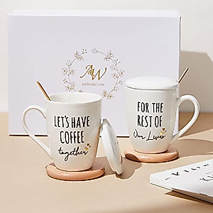 AW BRIDAL Couples Gifts 12 OZ Coffee Mugs Set of 2, Bridal Shower Gift for Bride and Groom Cups, Engagement Newlywed Anniversary Wedding Gifts for Couple, Mr and Mrs Gifts, Ceramic Coffee Mug with Lid