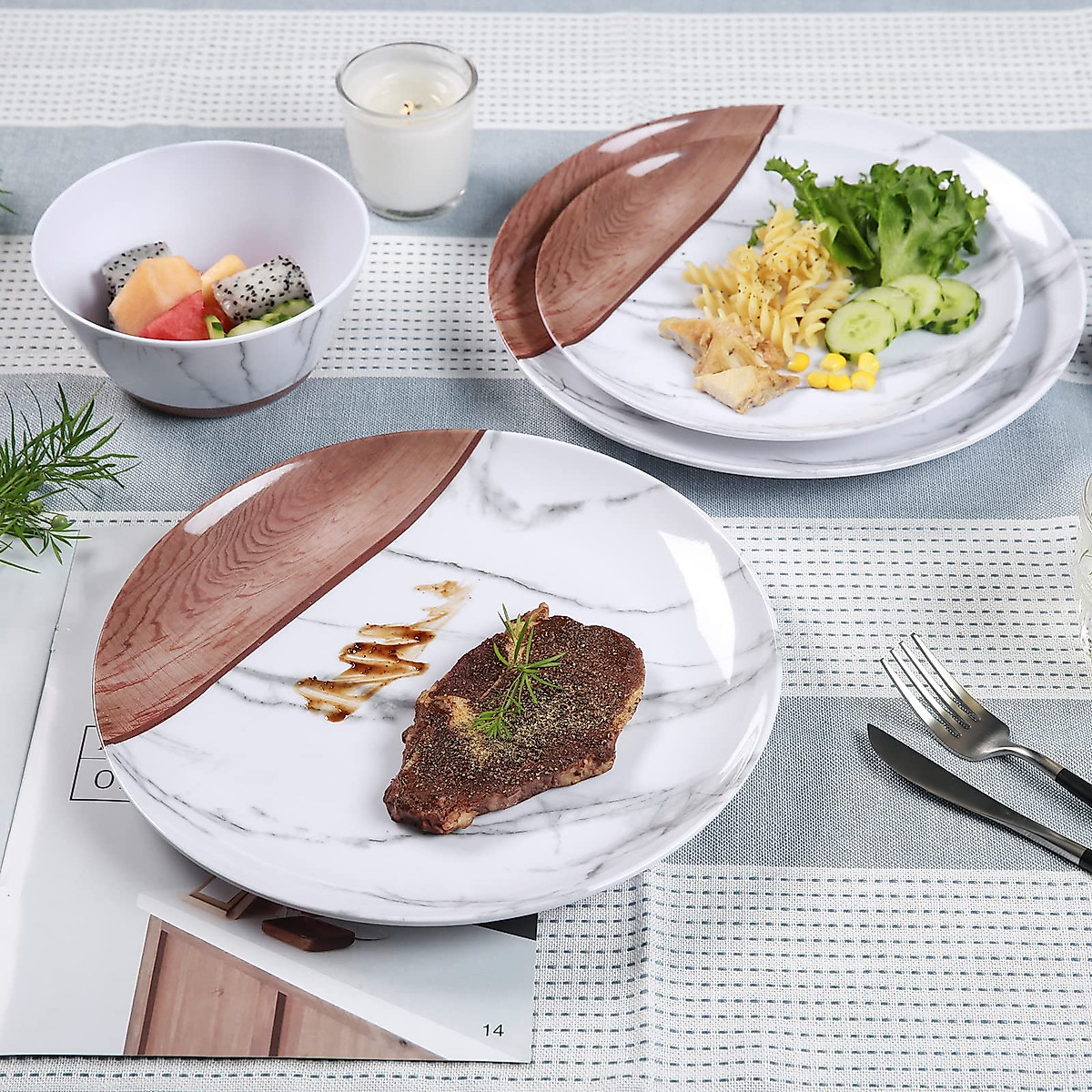 Melamine Dinnerware Sets for 4, 12-Pieces Plates and Bowls Sets, Unbreakable BPA Free, Suitable Indoors and Outdoors, Marble and Wood Color