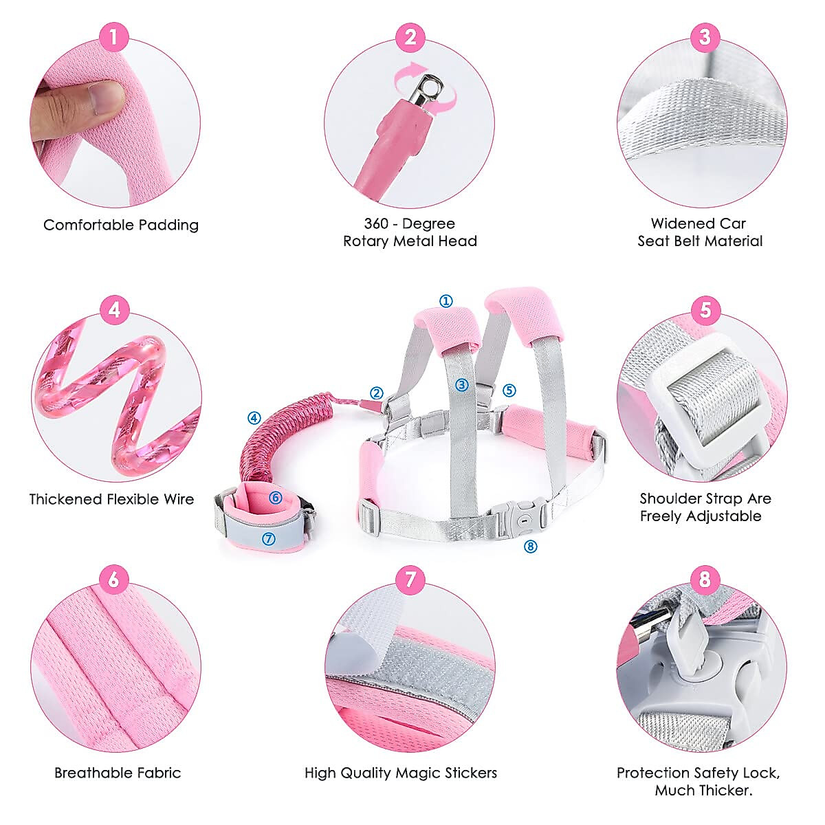 Yuehuam 2 in 1 Toddler Leash, Toddler Harness with Leash Girl Children Safety Anti Lost Wrist Link with Lock for Reflective Child Harness for Girls/Boys Travel