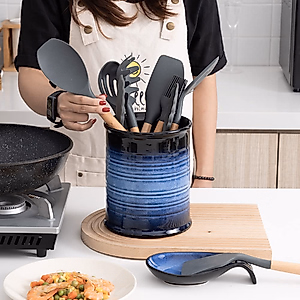 Nihow Kitchen Utensil Holder: 7.2 Inch Extra Large Ceramic Utensil Holder for Countertop - Stable Utensil Crock for Kitchen Counter Decor - Elegant Blue & Black (1PC)