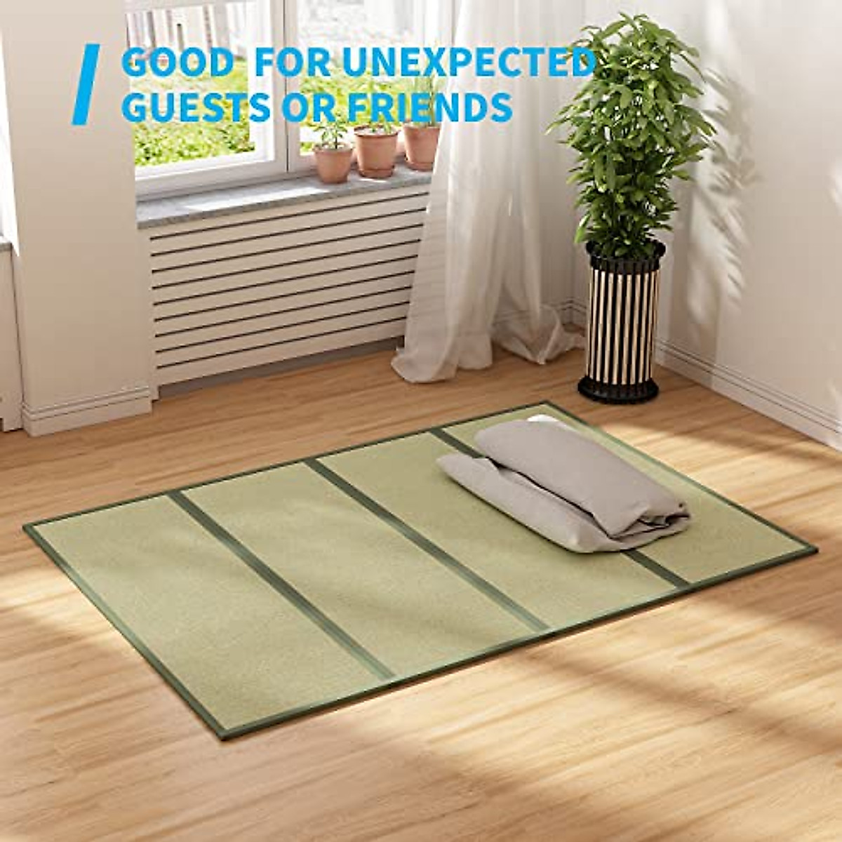 Mjkone Japanese Tatami Mattress, Igusa Mat (100% Japanese Rush Grass) Tatami Mat, Folding Japanese Floor Sleeping Mattress with Non-Slip Breathable Memory Foam for Sleeping/Yoga/Relaxing (Queen)