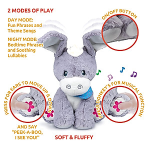 KiddoLab Peek-A-Boo Donkey: Soft Stuffed Animal Toy for Infants 6-18 Months with Moving Ears, Songs, Tunes & Lullabies