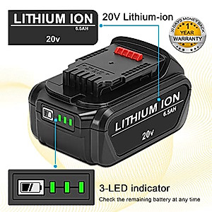 KUNLUN 2-Pack 6.5Ah 20V Battery Replacement Compatible for De Walt 20 Volt Max XR Lithium ion Battery Pack DCB200 DCB201 DCB203 DCB204 DCB206 DCB207