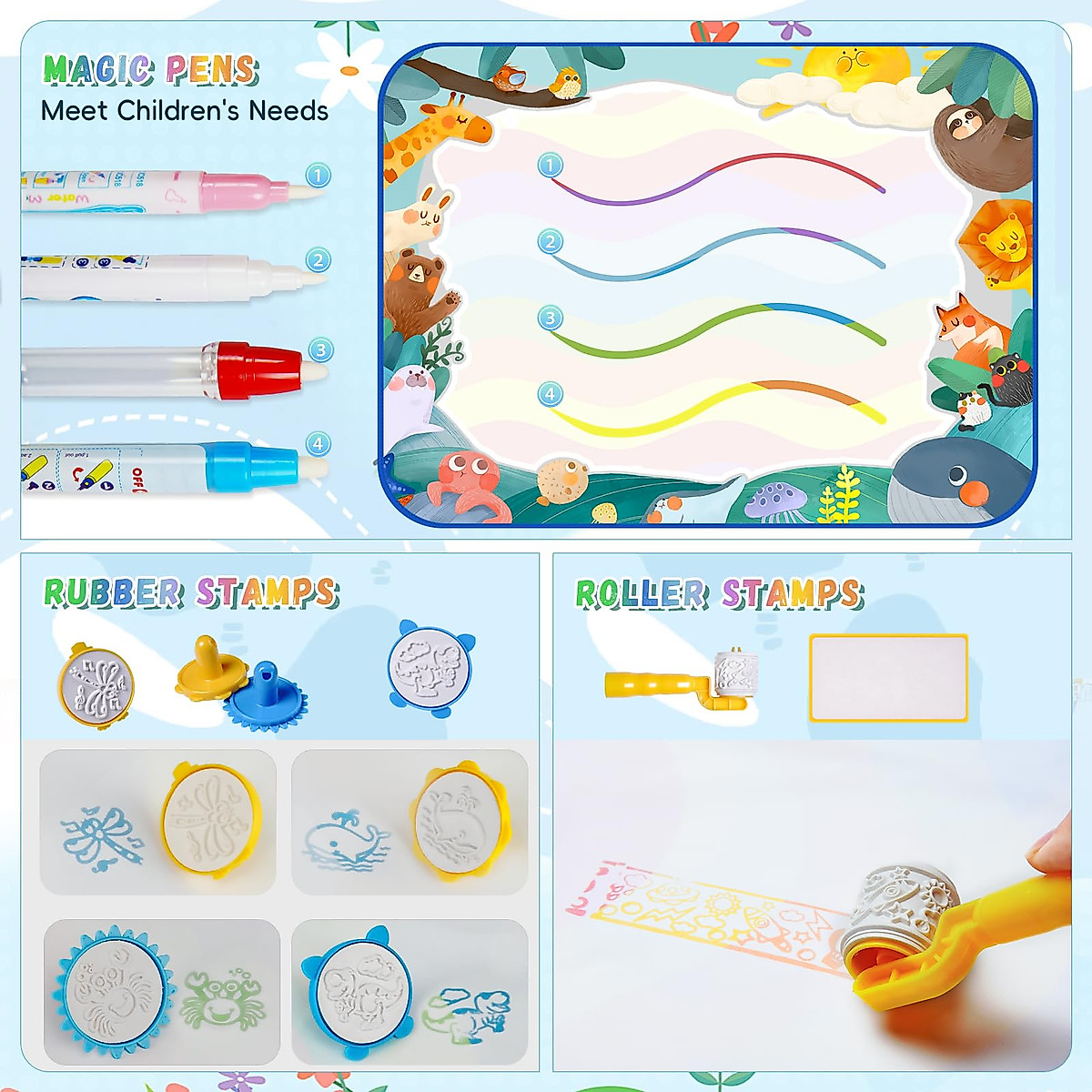 bemece Water Doodle Mat, Aqua Painting Drawing Mat, Mess Free Learning Toy Mat Early Education Gifts for Kids ChildrenToddlers Aged 3 4 5 6 7 Years Old