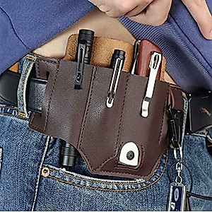 Leather Multi Tool Sheath Pocket Organizer,Multi-Function Tool Sheath for Belt, with Pen Holder, Key Chain, Flashlight Sheath.Everyday Carry (Brown)