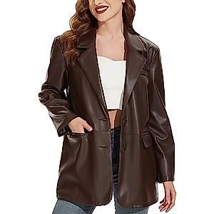 Fahsyee Women's Faux Leather Blazer - Women Motorcycle Vintage Moto Biker Coat Vegan Pleather Fashion Jackets Coffee M