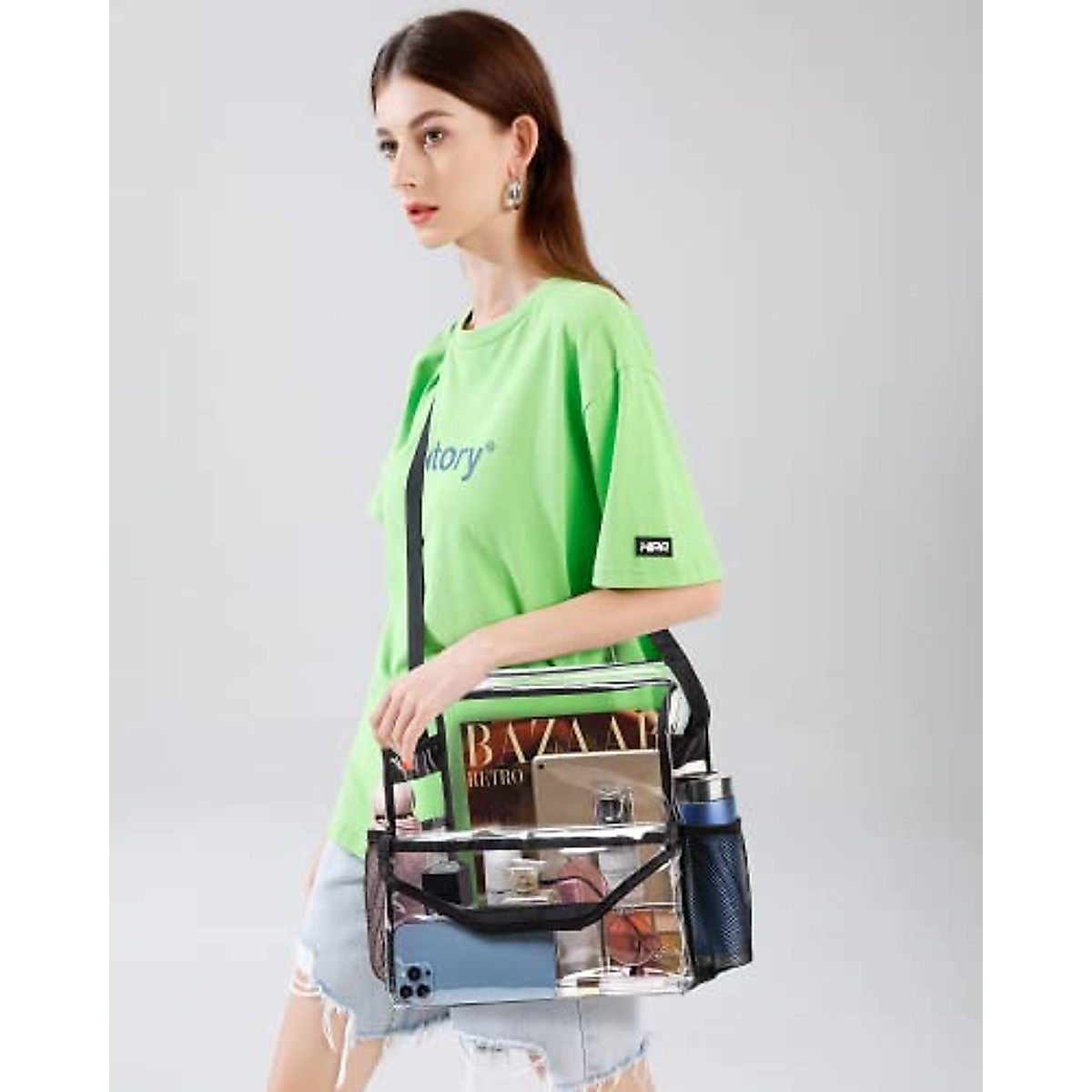 Vorspack Clear Tote Bags - Stadium Approved Clear Bag Clear Stadium Bag with Adjustable Strap Zipper Closure for Sports Events Concerts Work College - Black