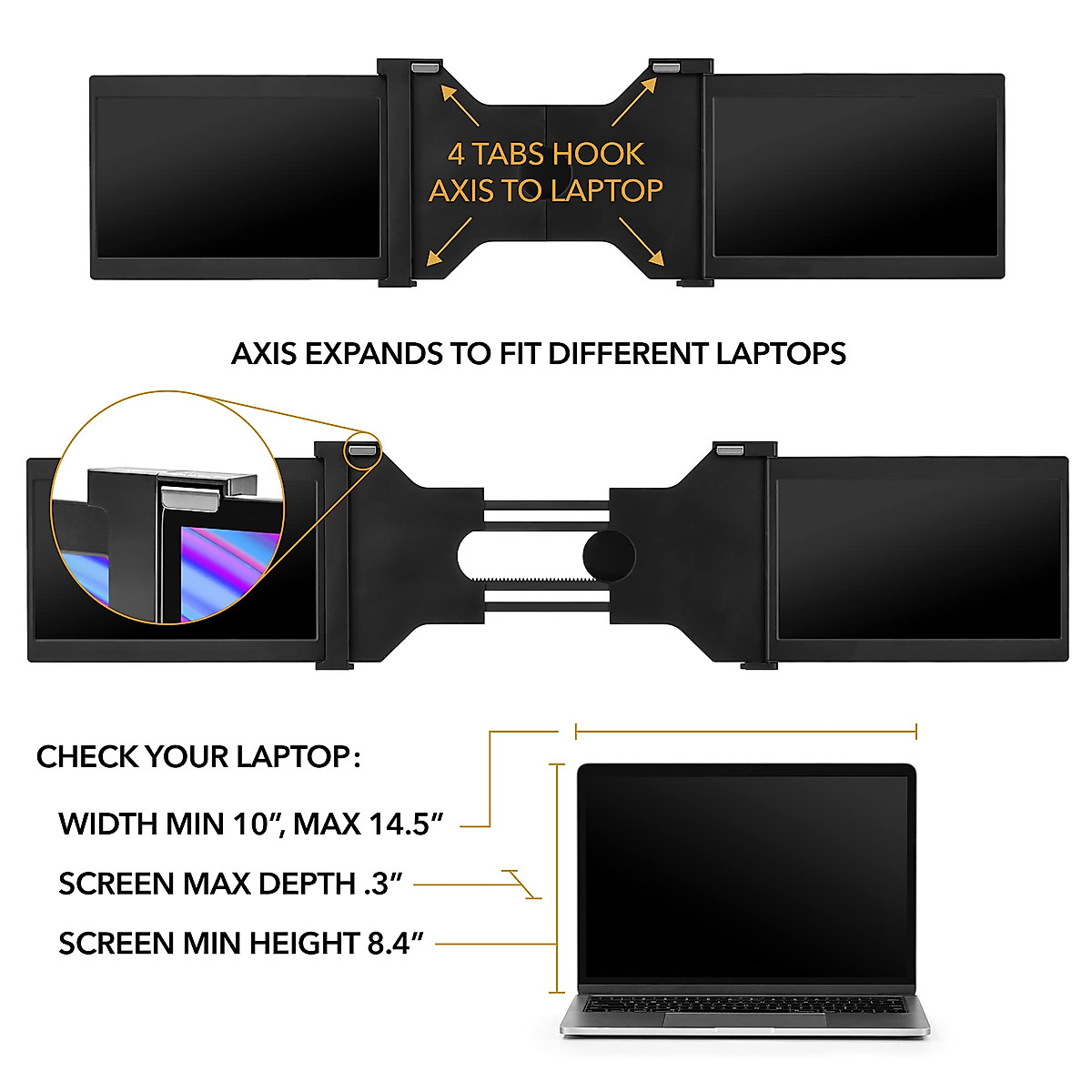 SideTrak Axis Triple Portable Monitor for Laptop | Attachable 11.9” FHD IPS Three Screen Laptop | Compatible with Mac, PC, & Chrome | Powered by USB or HDMI