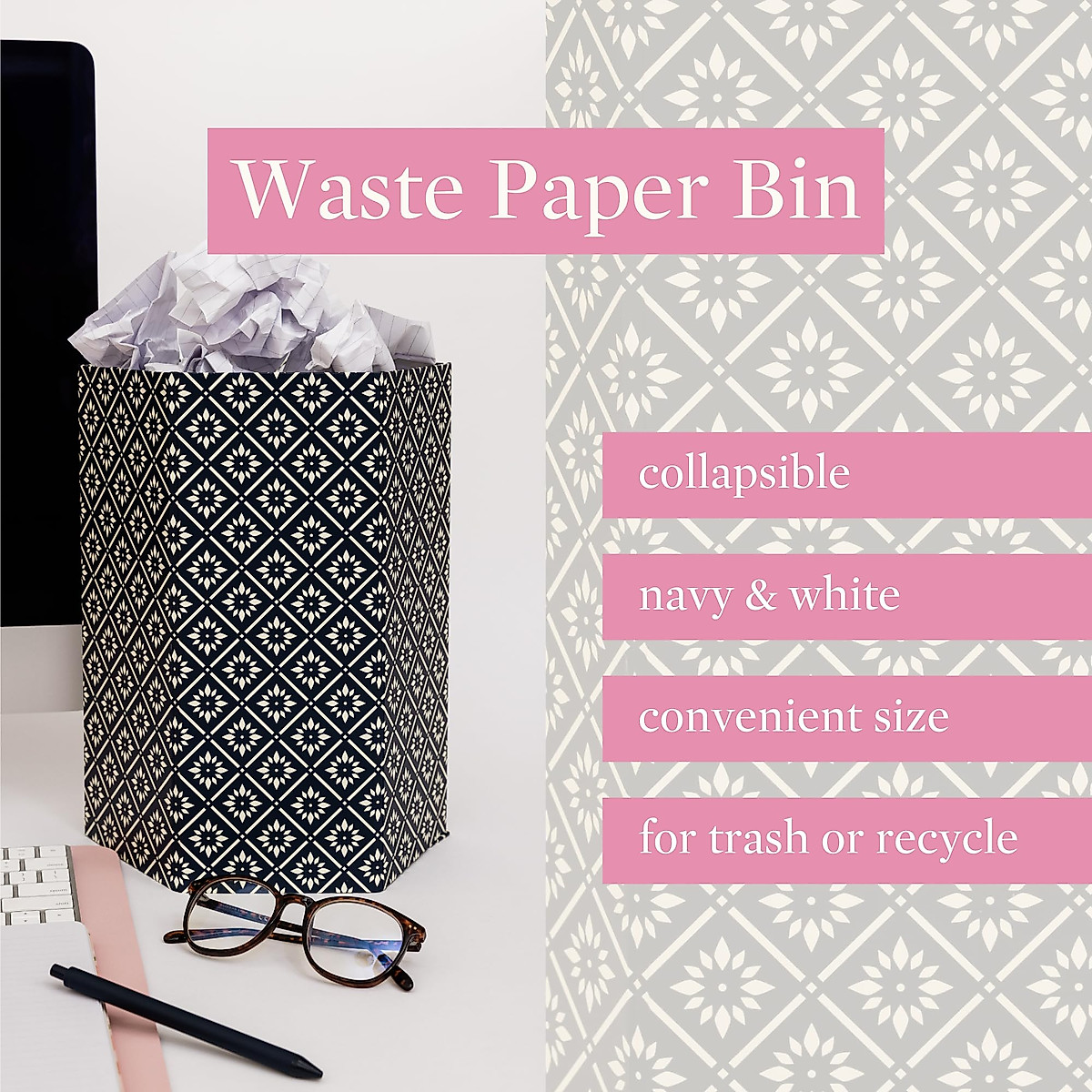 STEEL MILL AND CO. Open Waste Paper Bin Collapsible Office Trash Can, Waste Basket for Office, Bedroom, Bathroom, Trash Can, Garbage Bin, Recycling Container, Dustbin, Small, Geometric Navy