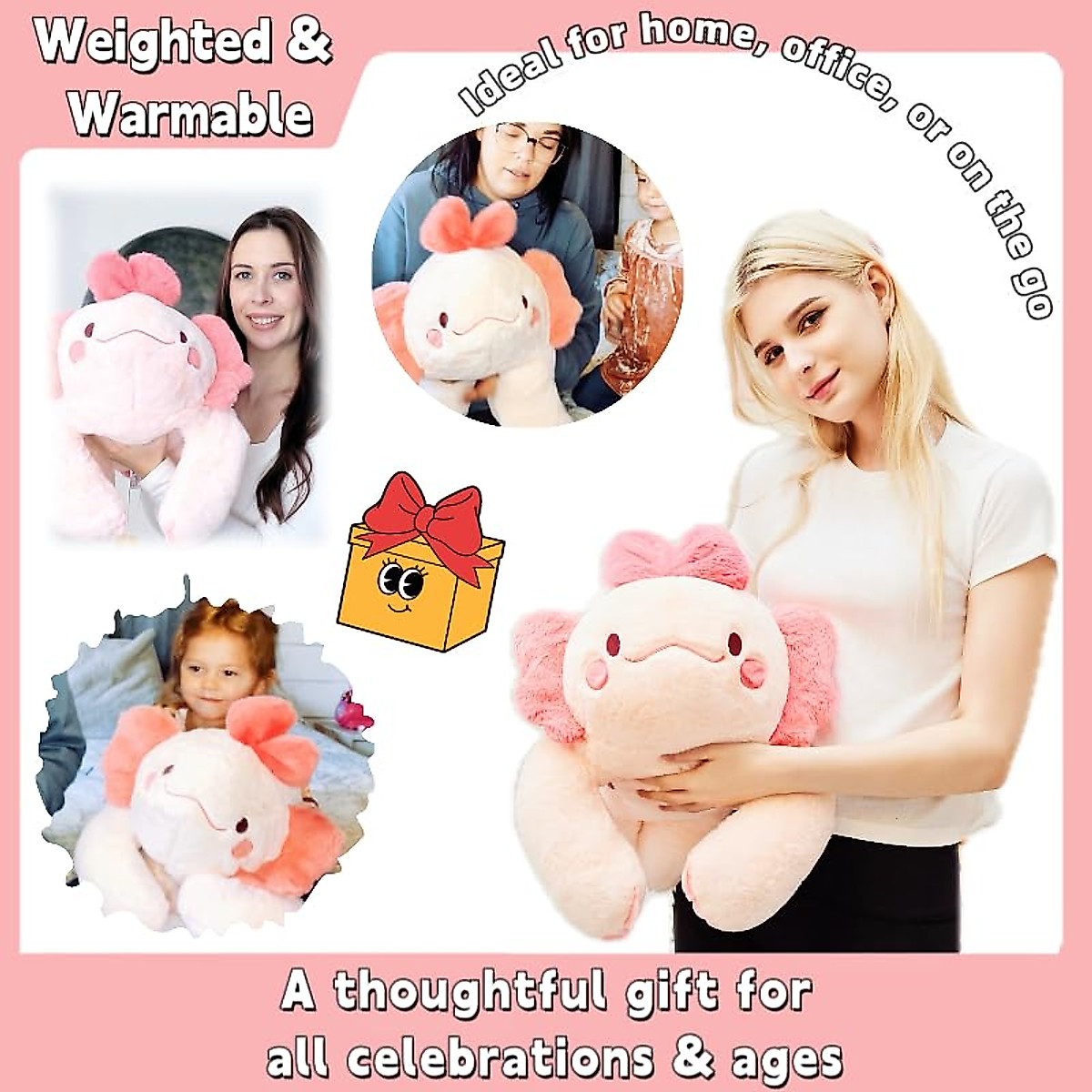 uoozii 20" | 4 Pounds Pink Axolotl Weighted Stuffed Animals with Unscented Microwave Heating Pad Inside, Cute Coolable Heatable Weighted Plush Warm Gift for Kids & Adults