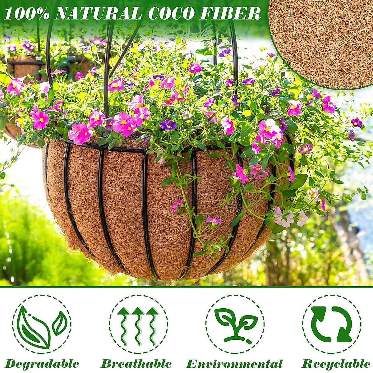 ZeeDix 6Pcs 14 Inch Coconut Liners for Planters, Round Hanging Basket Liners 100% Natural Coco Coir Basket Coco Replacement Liners for Hanging Basket Planters Flowers Vegetables(14in-6pcs)