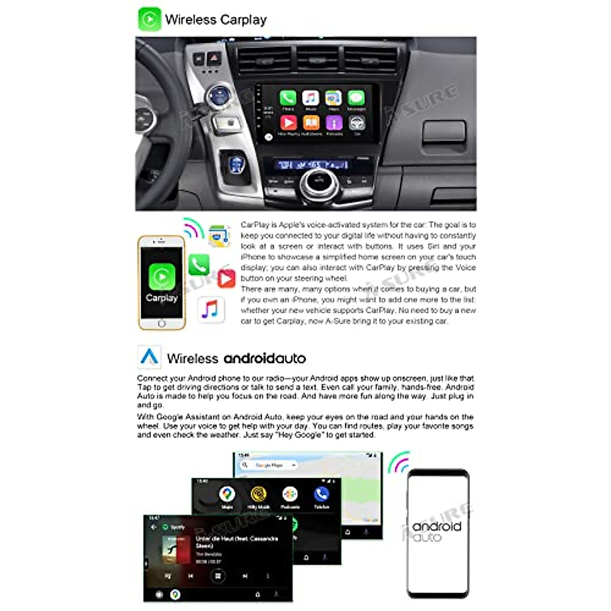 ASURE 9 inch Car Stereo Radio GPS Navigation Unit for Toyota Prius V 2011-2017 HD Touchscreen Multimedia Player,4 Core 2G+32G Android with Wireless Carplay,Android Auto,SWC,DSP,Bluetooth