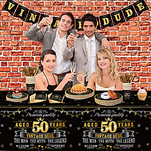 183 Pcs Vintage 50th Party Tableware Set, Black Gold Vintage Happy 50 Birthday Tablecloth 24 Guests Dinner Plates Dessert Plate Cup and Napkins for Men Cheers 50th Theme Birthday Party Supplies