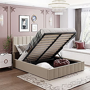 Merax Queen Size Upholstered Platform Bed with a Hydraulic Storage System, No Box Spring Needed, Beige