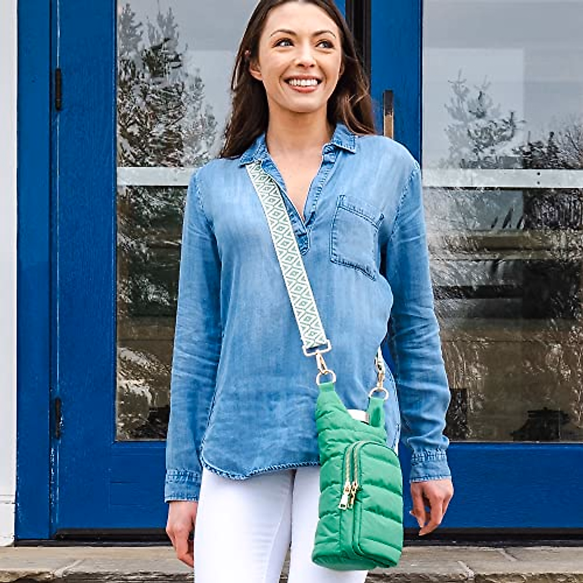 WanderFull Crossbody HydroBag - Water Bottle Holder - Quilted Bottle Bag - Water Bottle Carrier with Strap - Stylish Puffer Tote for Water Bottle (Green with Patterned Strap)