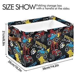 Monster Truck Black Red Blue Storage Basket Fabric Toy Baskets Racing Cars Boys Open Home Storage Bins Boxes Foldable Organizer Bag for Toy Book Shelf Closet Baskets 16×12×8 Inches
