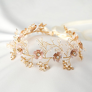 SWEETV Rose Gold Wedding Headband for Bride, Floral Bridal Headband Rhinestone Headpiece Wedding Hair Accessories