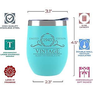80th Birthday Gifts for Women - 1943 12 oz Mint Stemless Wine Tumbler - 80th Birthday Decorations for Women - Birthday Gifts for 80 Year Old Women Mom - Funny 80th Birthday Idea Presents for Women