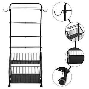 WANLECY 6 Layers Sports Rack for Garage, Rolling Ball Storage Holder on Wheels with Baskets and Hooks for Garage Ball Organize, Black